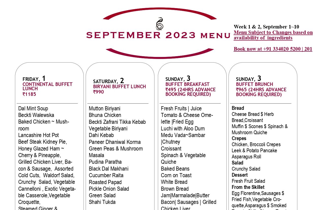 Monthly Menu | The Bengal Club